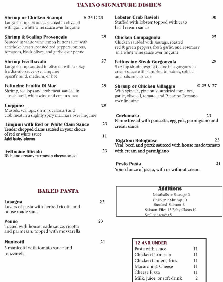 Tanino Ristorante Italiano Menu, Horseheads, NY