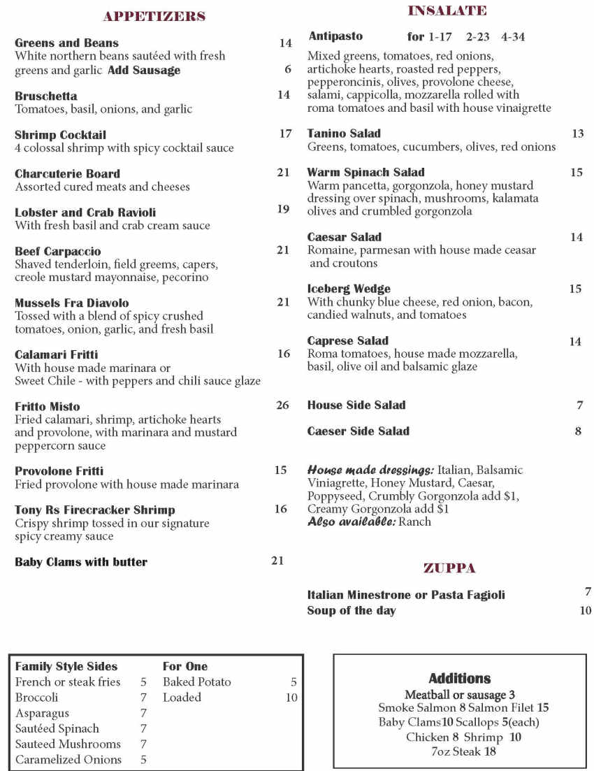 Tanino Ristorante Italiano Menu, Horseheads, NY