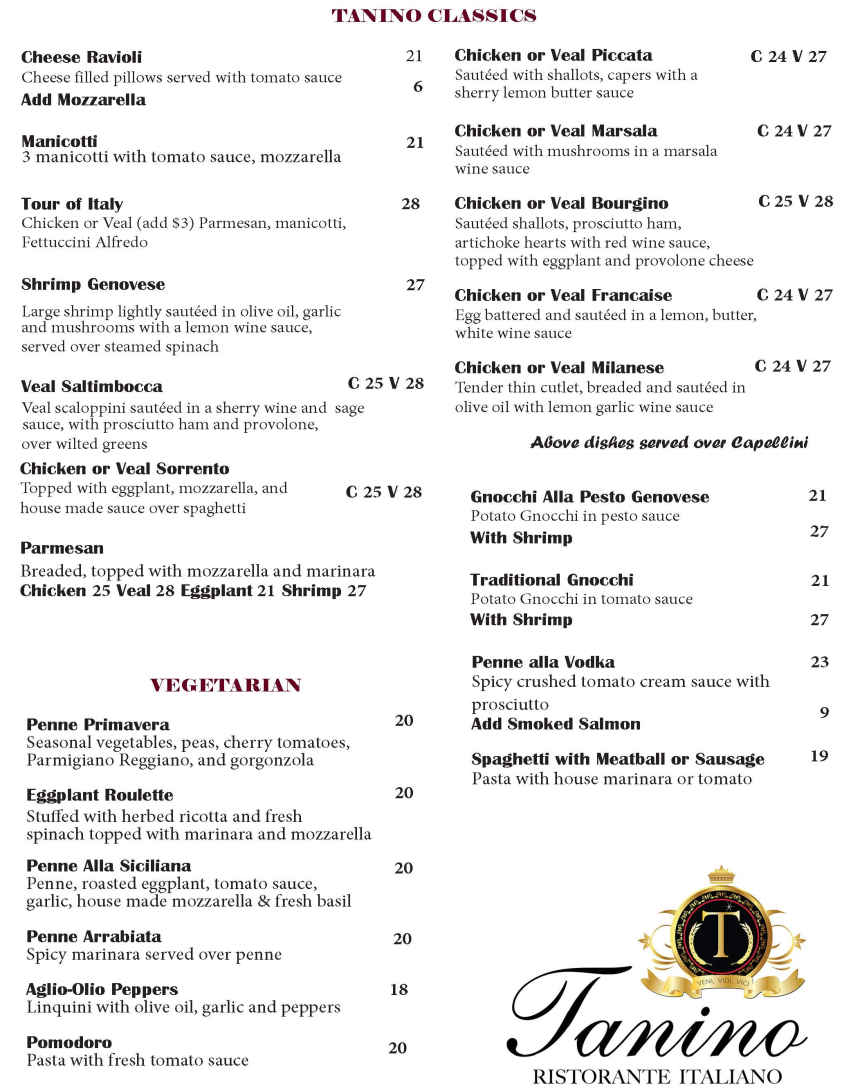 Tanino Ristorante Italiano Menu, Horseheads, NY