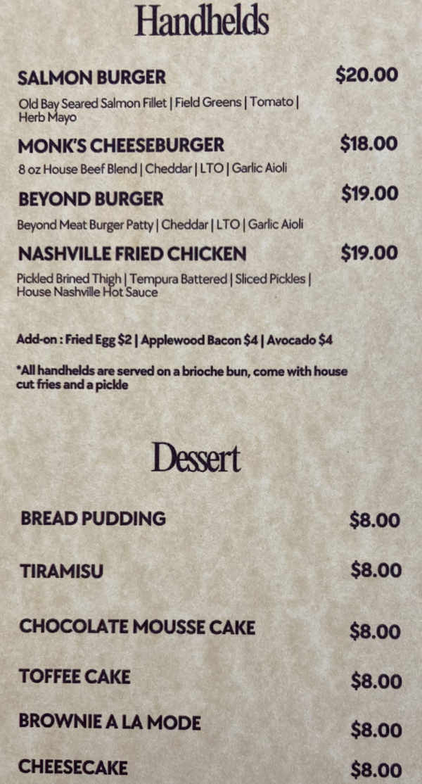 Monks on the Commons Menu, Ithaca, NY