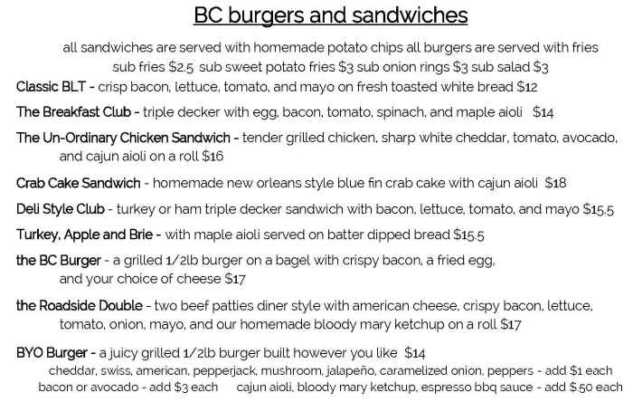 The Breakfast Club, etc Menu, Lake Placid, NY