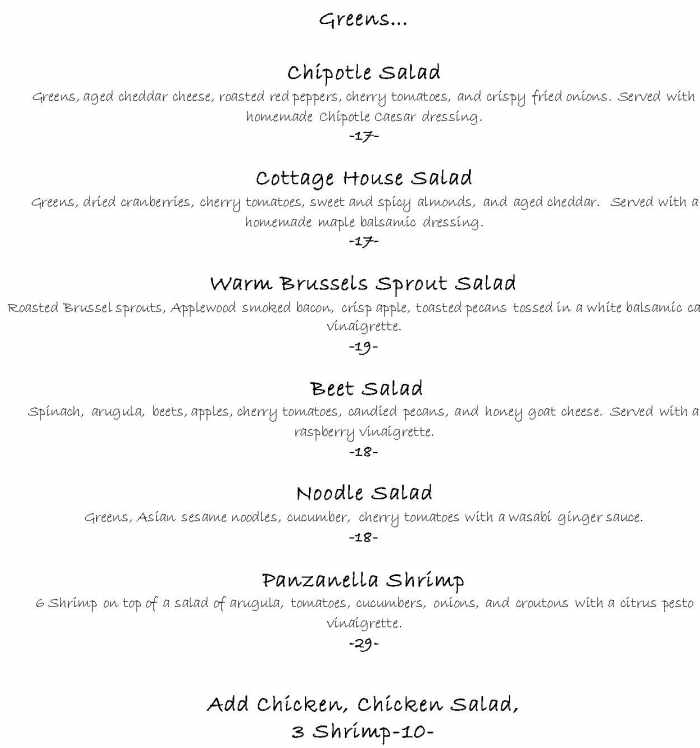 The Cottage Menu, Lake Placid, NY