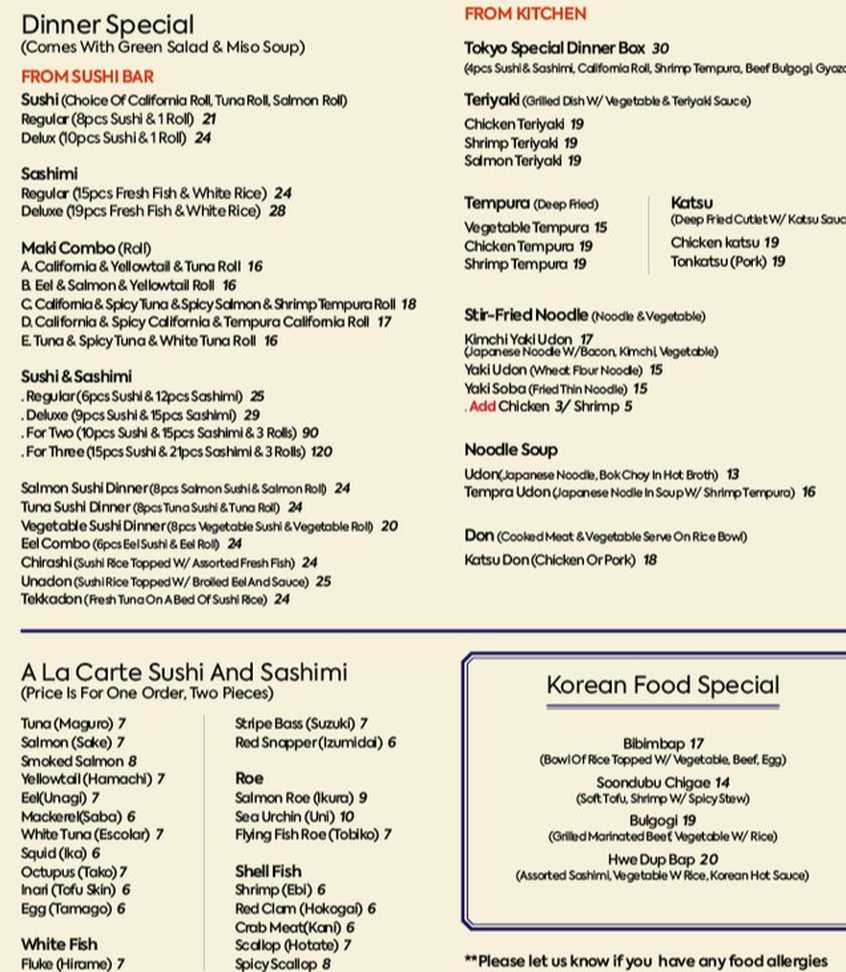 Tokyo Sushi Menu, New Paltz, NY