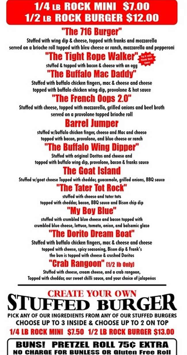 Rock Burger Menu, Niagara Falls, NY