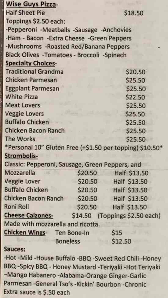 Wise Guys Sammy's Menu, Oneonta, NY