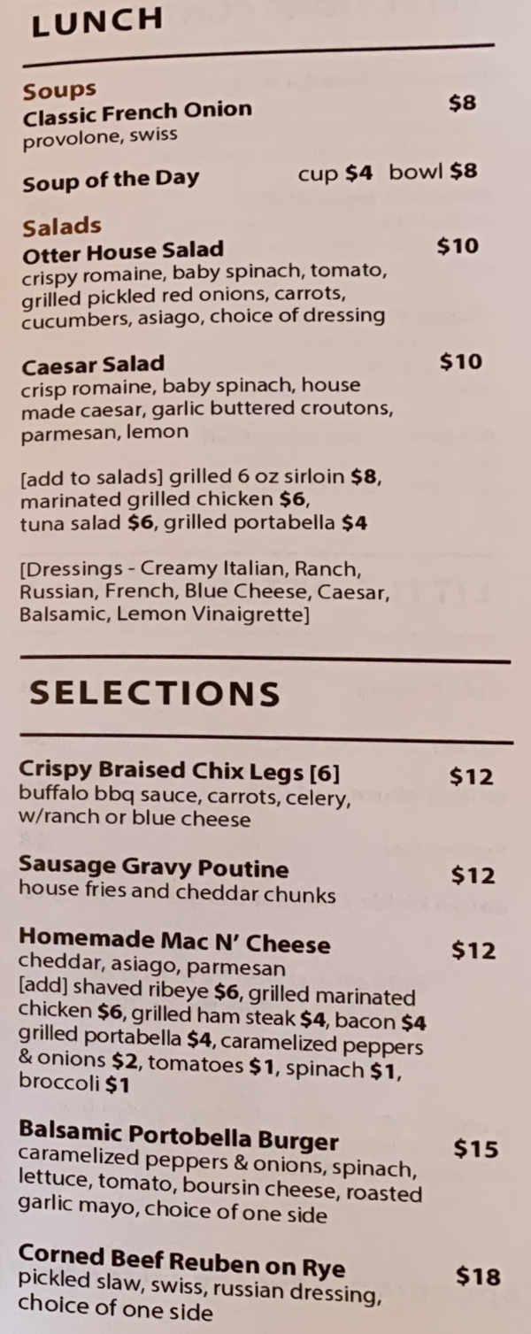 Otter House Bistro Menu, Saranac, NY