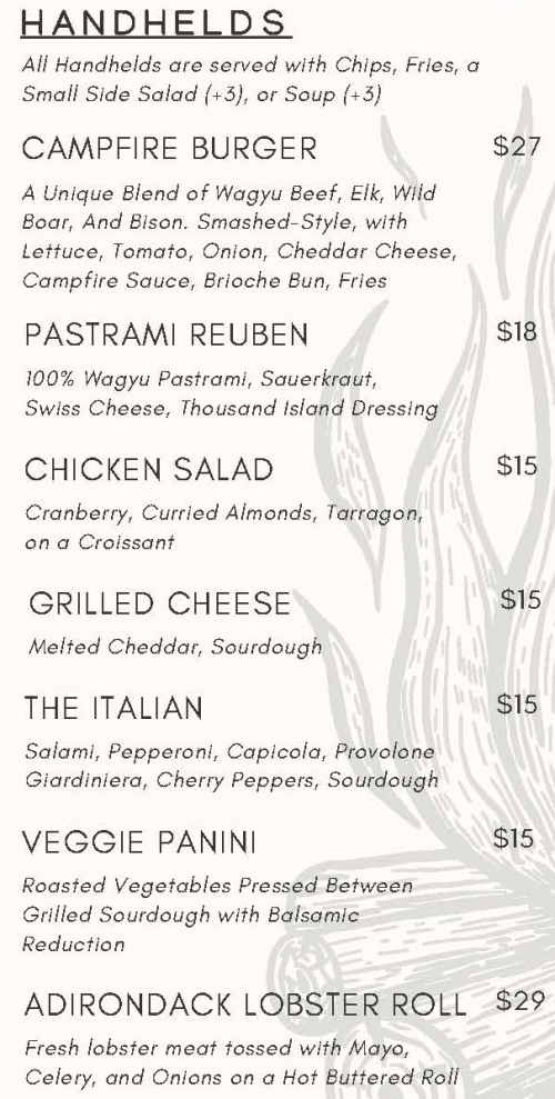 Campfire Grill Menu, Saranac Lake, NY