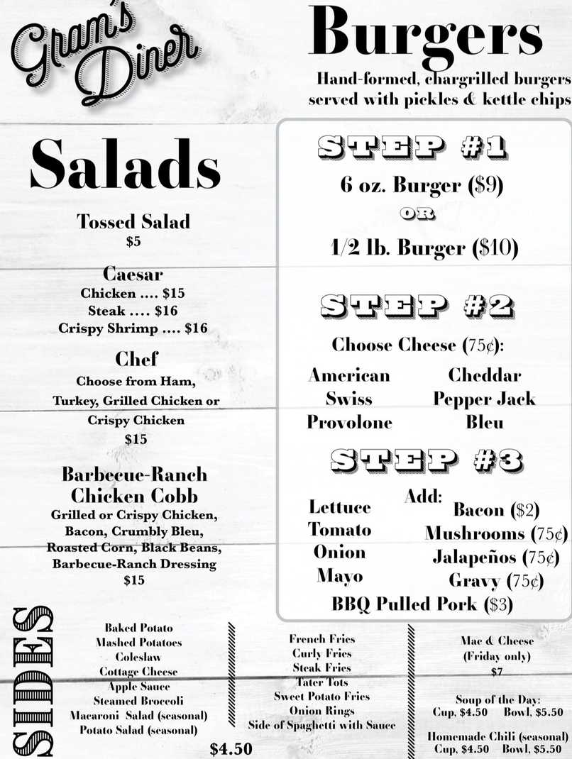 Gram's Diner Menu, Adams, NY