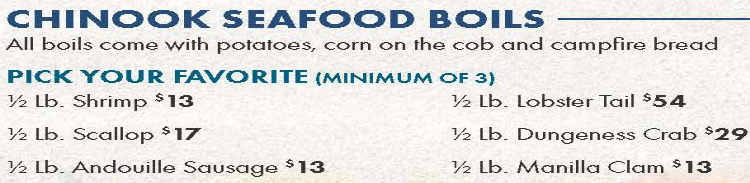 Chinook's Seafood Grill Menu, Lincoln City, OR