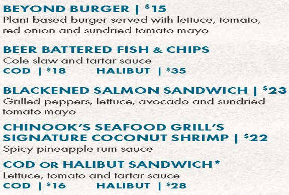 Chinook's Seafood Grill Menu, Lincoln City, OR
