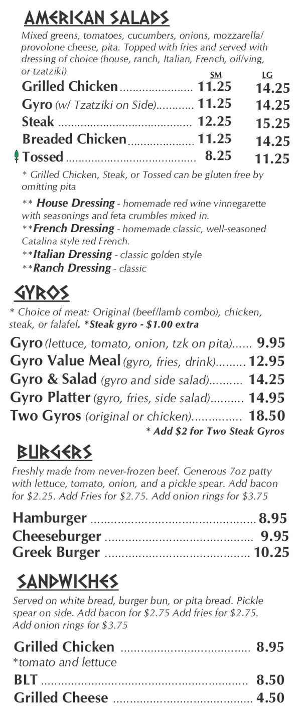 The Athenian Cafe Menu, Altoona, PA