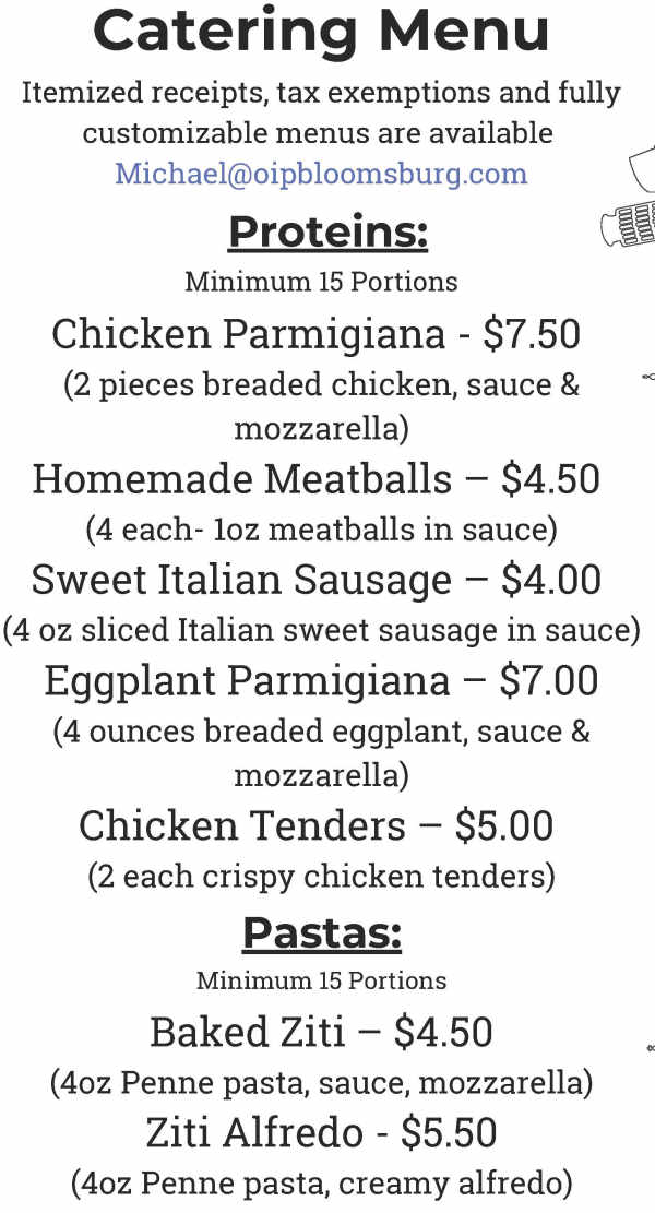Original Italian Pizza Catering Menu, Bloomsburg, PA