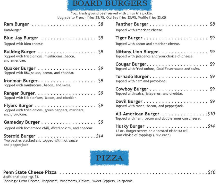 Scoreboard Sports Tavern Menu, Bloomsburg, PA