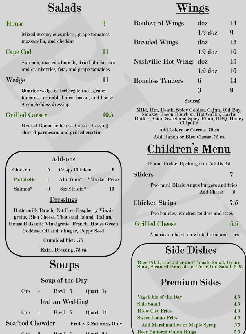 The Boulevard Grill Menu, Johnstown, PA