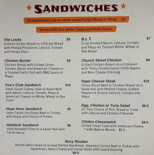 Fox's Market House Menu, Lock Haven, PA