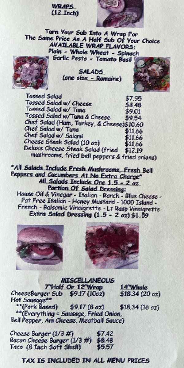 Newberry Sub Shop Menu, Williamsport, PA