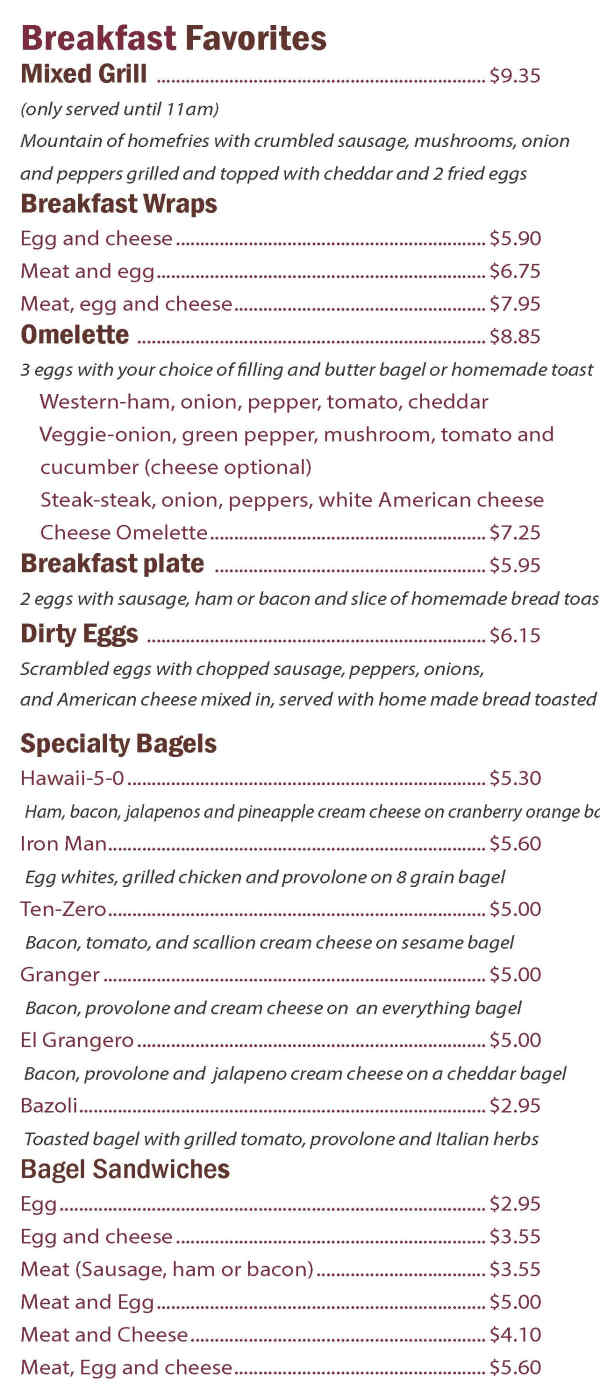Corner Bagel Menu, Anderson, SC