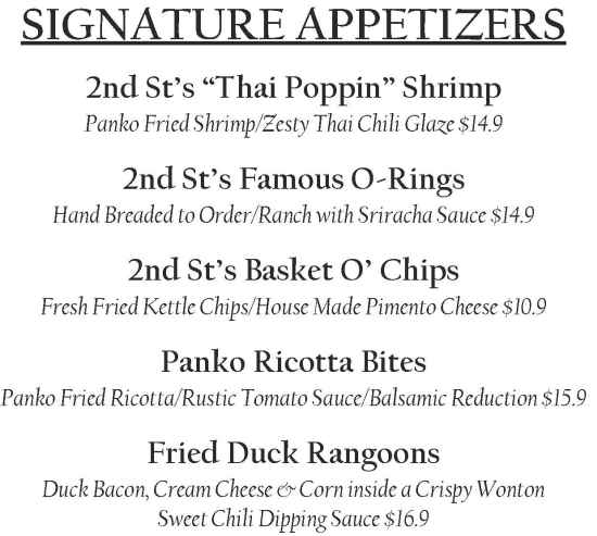Second Street Bistro Menu, Williamsburg, VA