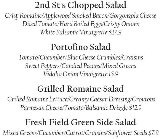 Second Street Bistro Menu, Williamsburg, VA
