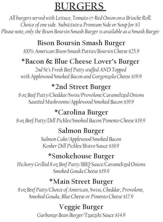 Second Street Bistro Menu, Williamsburg, VA
