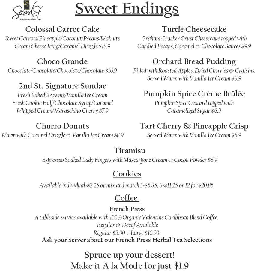 Second Street Bistro Menu, Williamsburg, VA