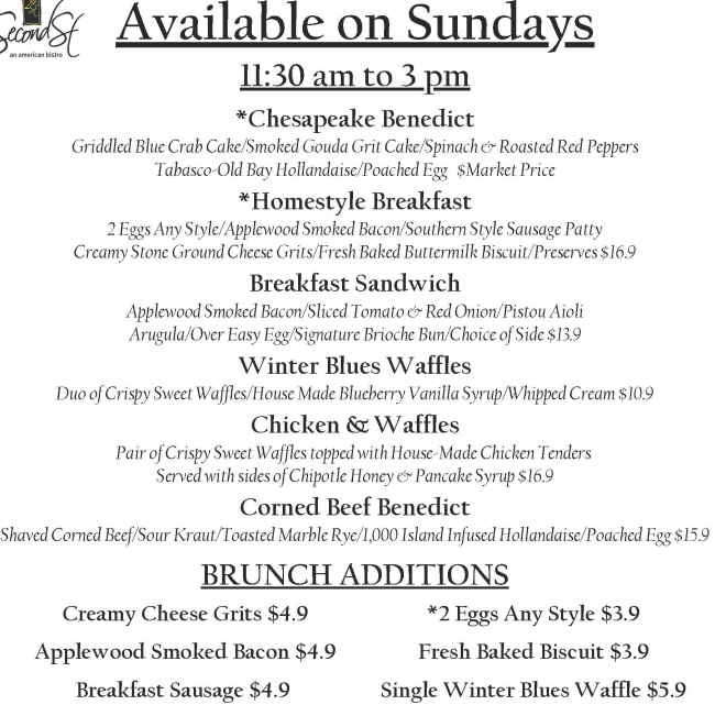 Second Street Bistro Menu, Williamsburg, VA
