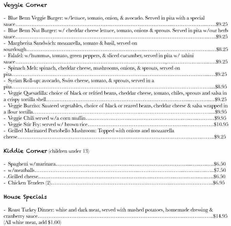 Blue Benn Menu, Bennington, VT
