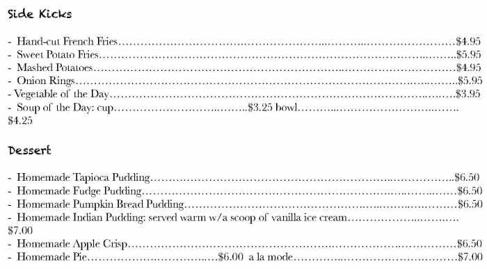 Blue Benn Menu, Bennington, VT
