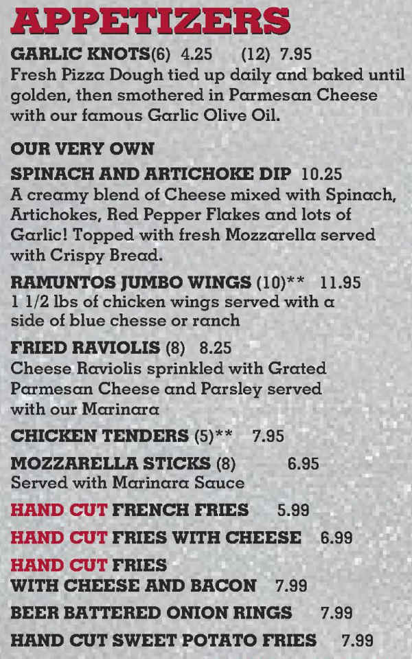 Ramunto's Brick Oven Pizza Menu, Bennington, VT
