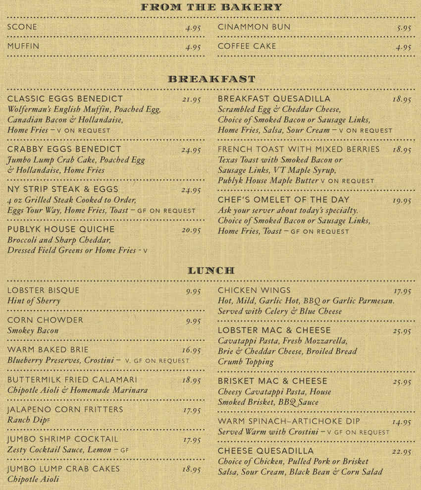 Publyk House Menu, Bennington, VT