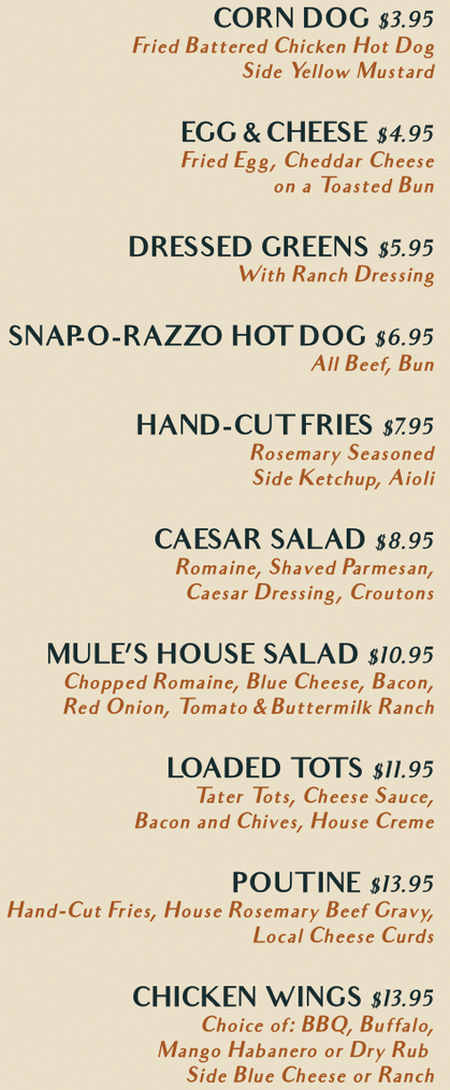 Mule Bar Menu, Winooski, VT