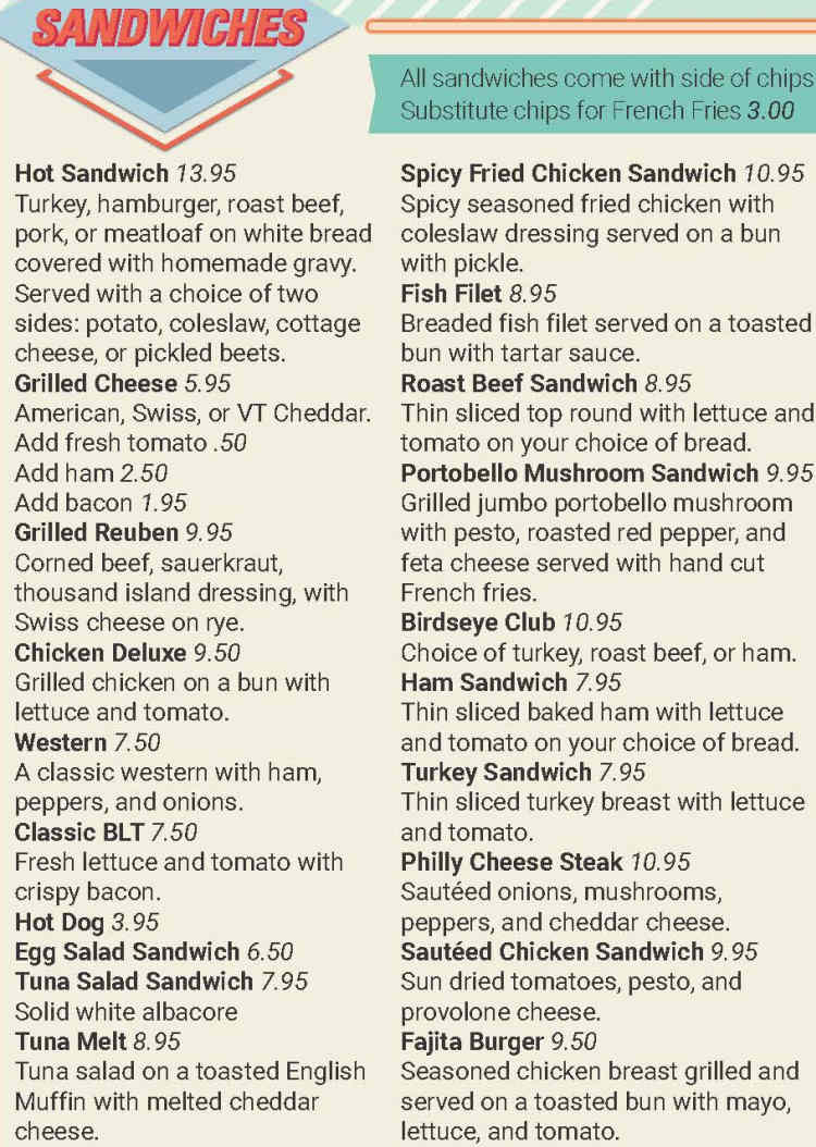 Birdseye Diner Menu, Castleton, VT