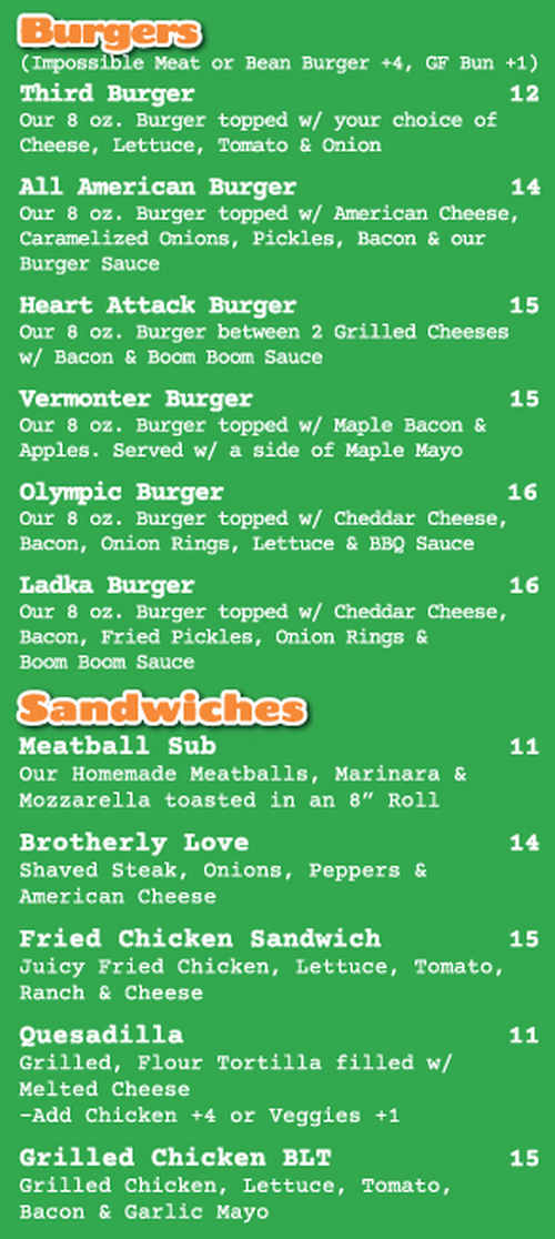 Third Place Pizzeria Menu, Castleton, VT