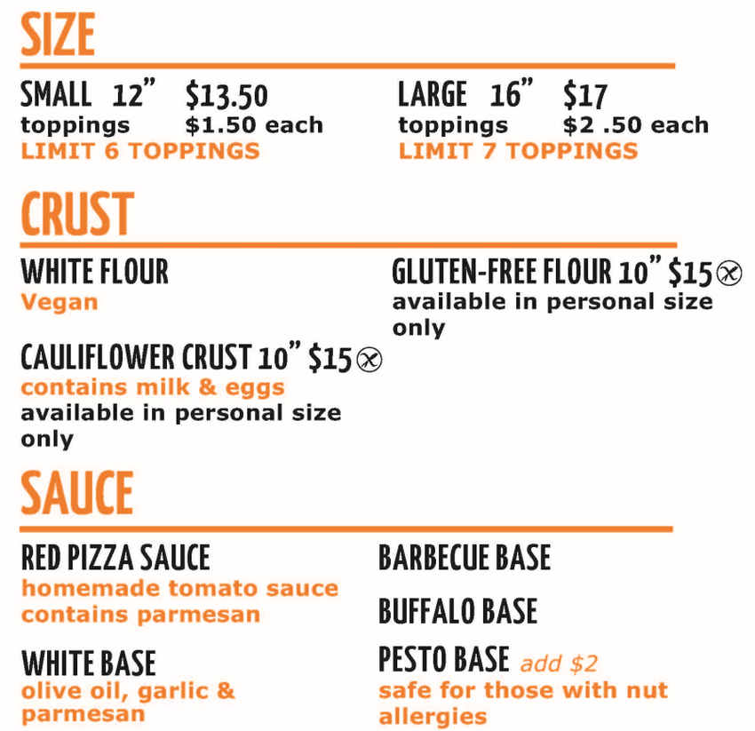 Piecasso Menu, Stowe, VT