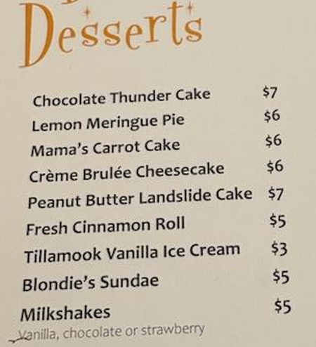 Blondie's Menu, Shelton, WA